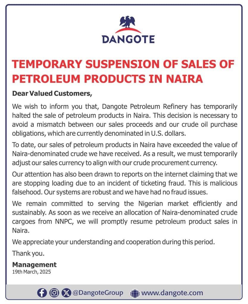 BREAKING: Dangote Petroleum Refinery Suspends Sale Of Fuel In Naira